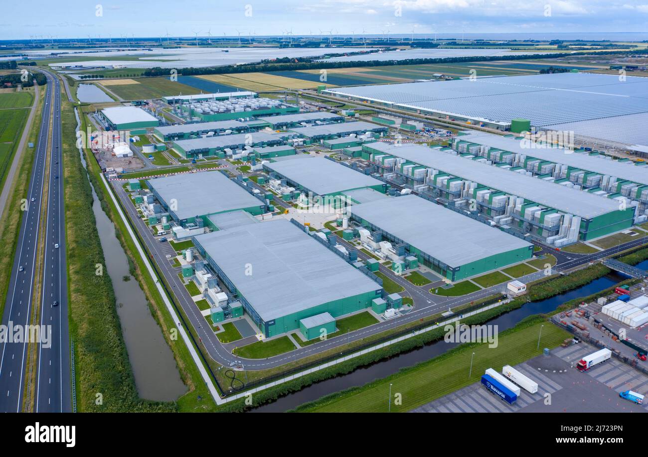 Drone aerial view of new Microsoft datacenters . The huge buildings are ...