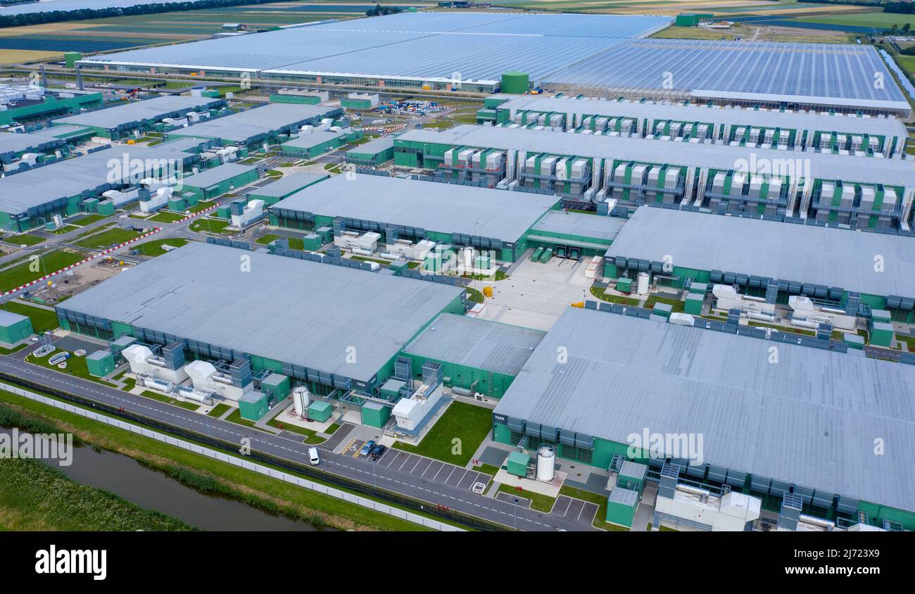 Drone aerial view of new Microsoft datacenters . The huge buildings are ...