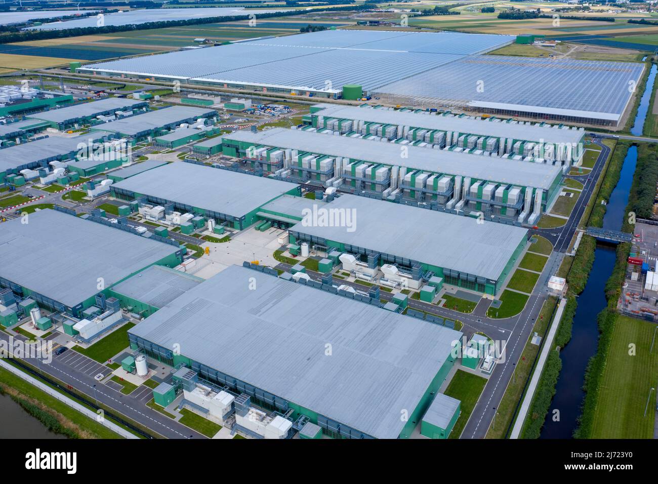 Drone aerial view of new Microsoft datacenters . The huge buildings are ...