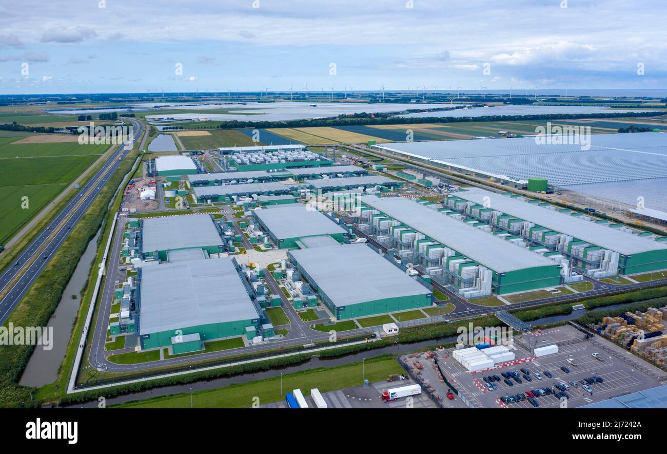Drone aerial view of new Microsoft datacenters . The huge buildings are ...