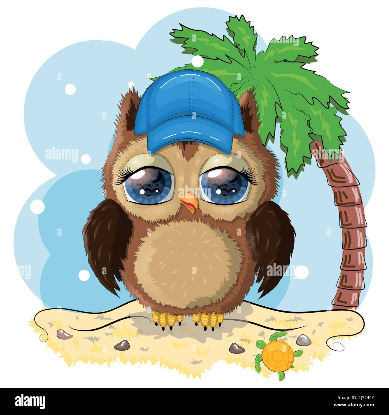 Owl cute cartoon character in holiday concept in a cap on the beach ...