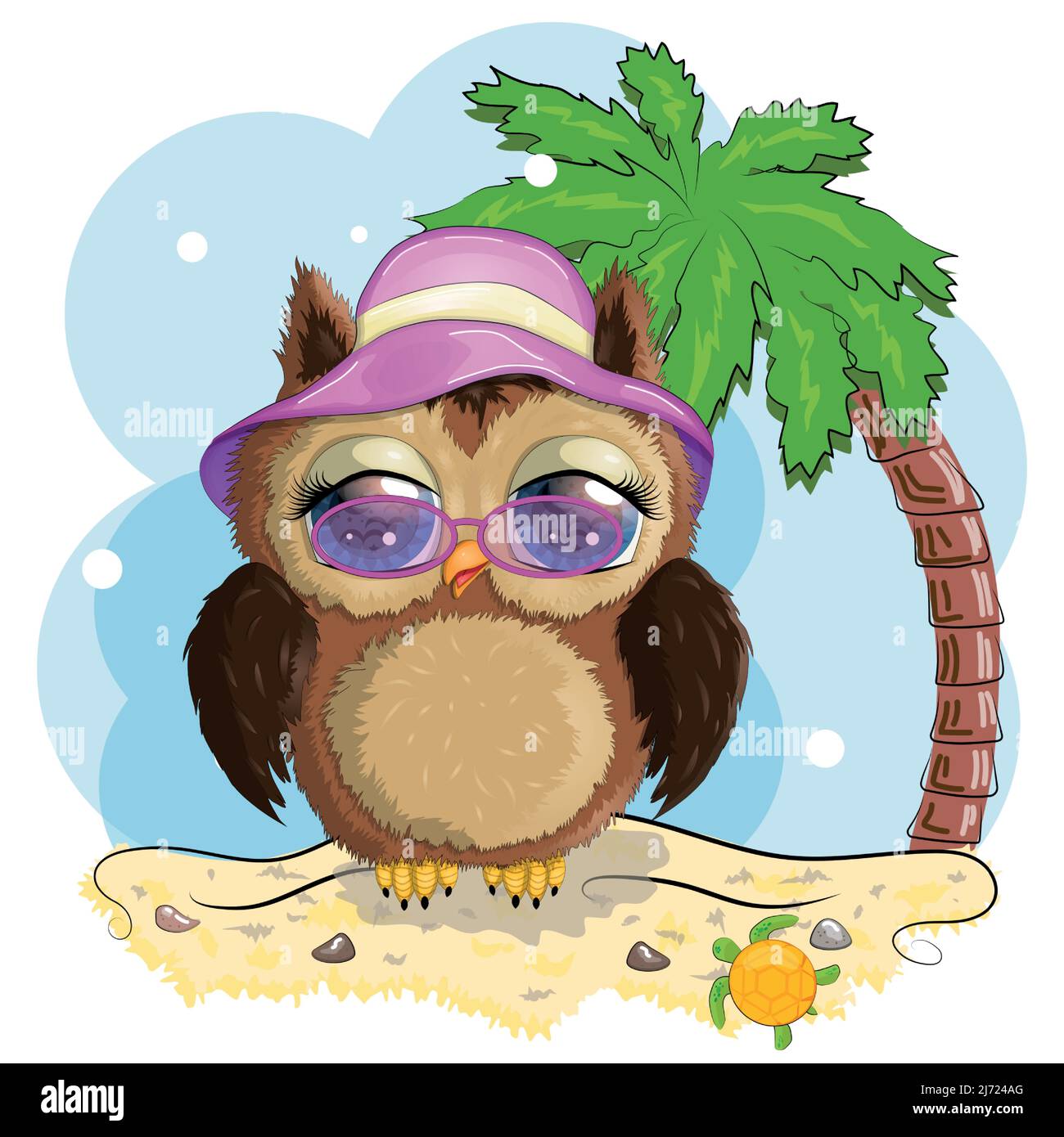 Owl cute cartoon character in holiday concept In a hat on the beach ...