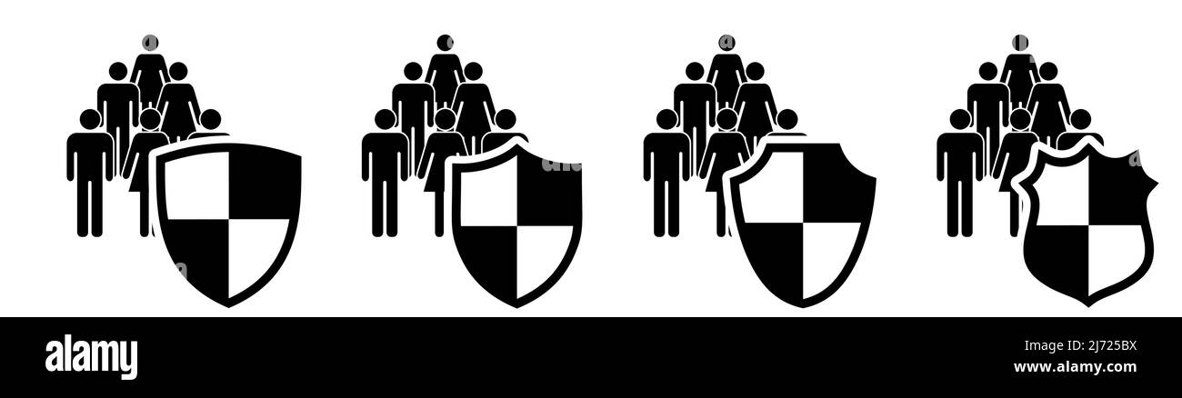 Group of people icon behind shield, different versions. Team protection ...