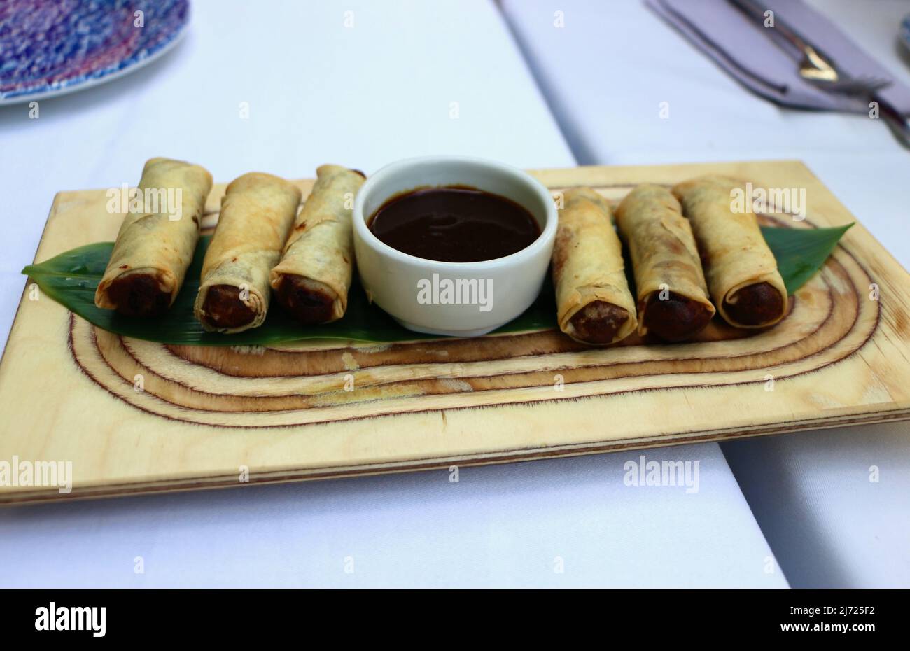 Crunchy duck spring rolls with peking duck sauce served on a wooden ...