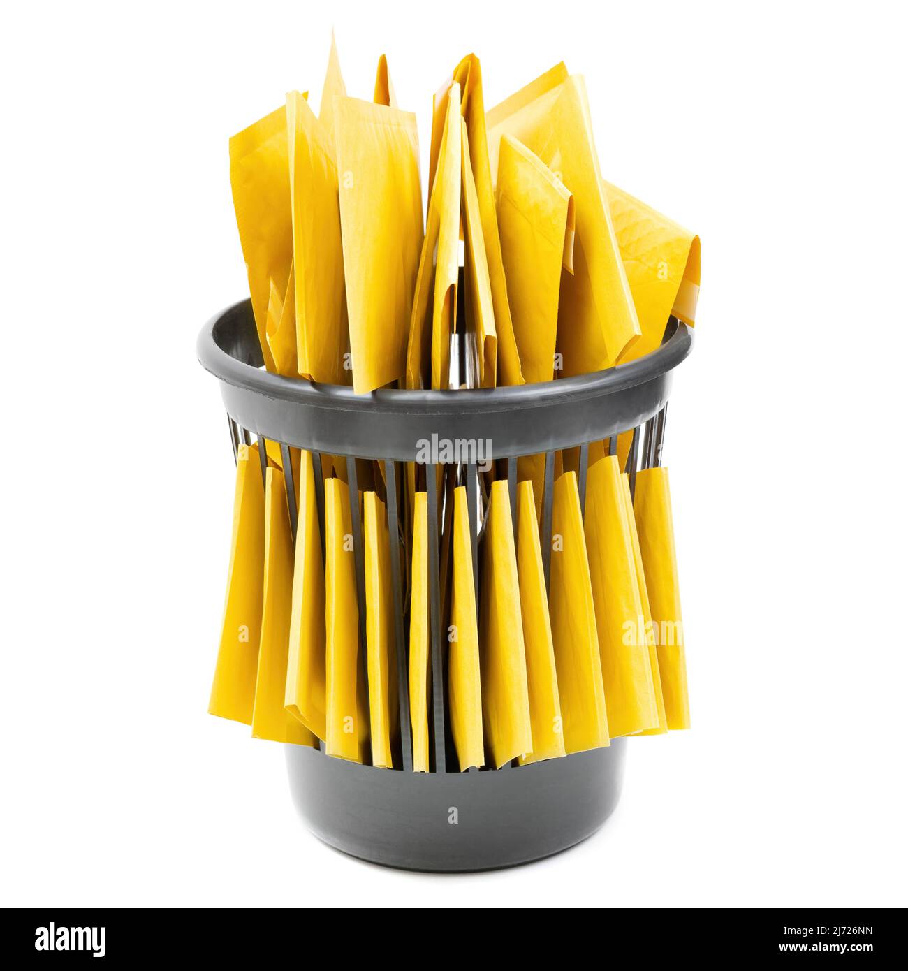 Trash bin filled with yellow padded envelopes isolated on white ...