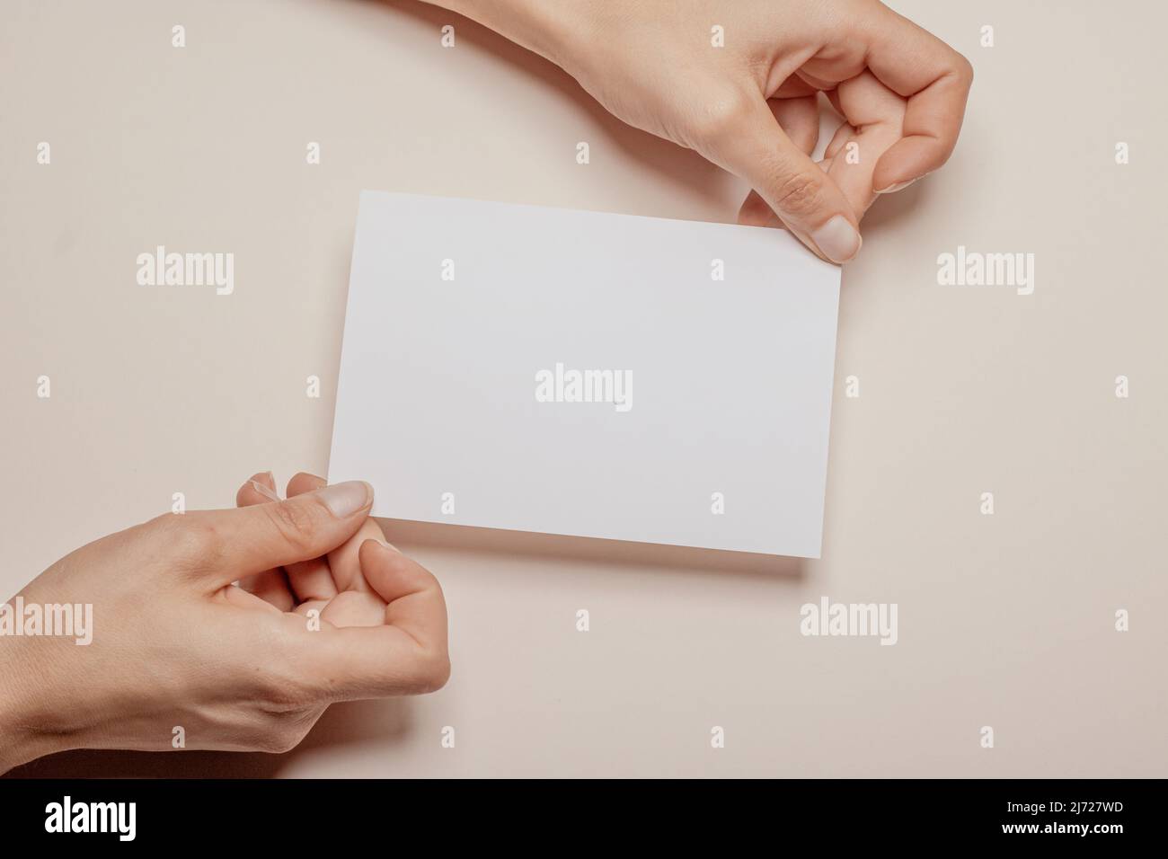 two female hands holding a blank piece of paper with copy space in ...