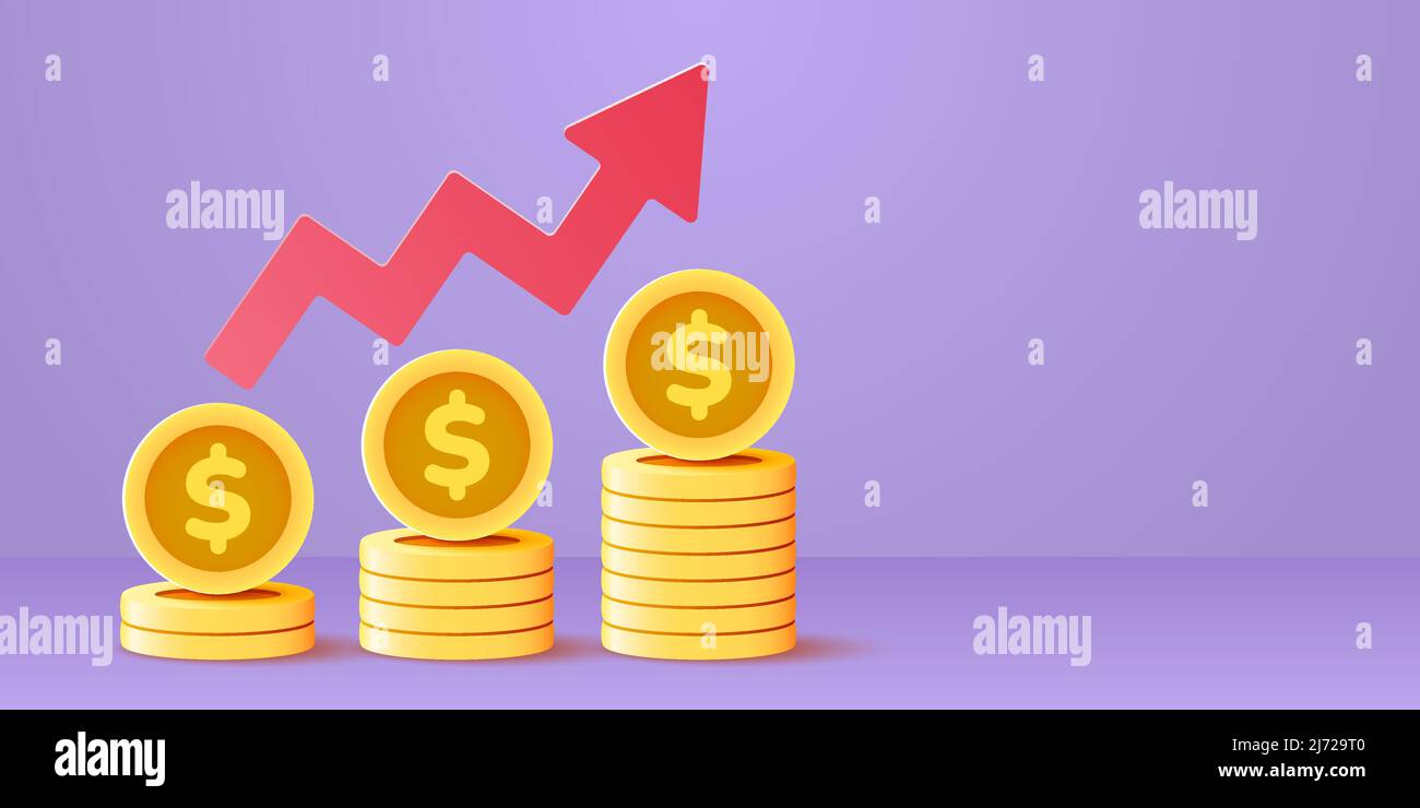 Growing stack of golden dollar coins with rising arrow isolated on ...