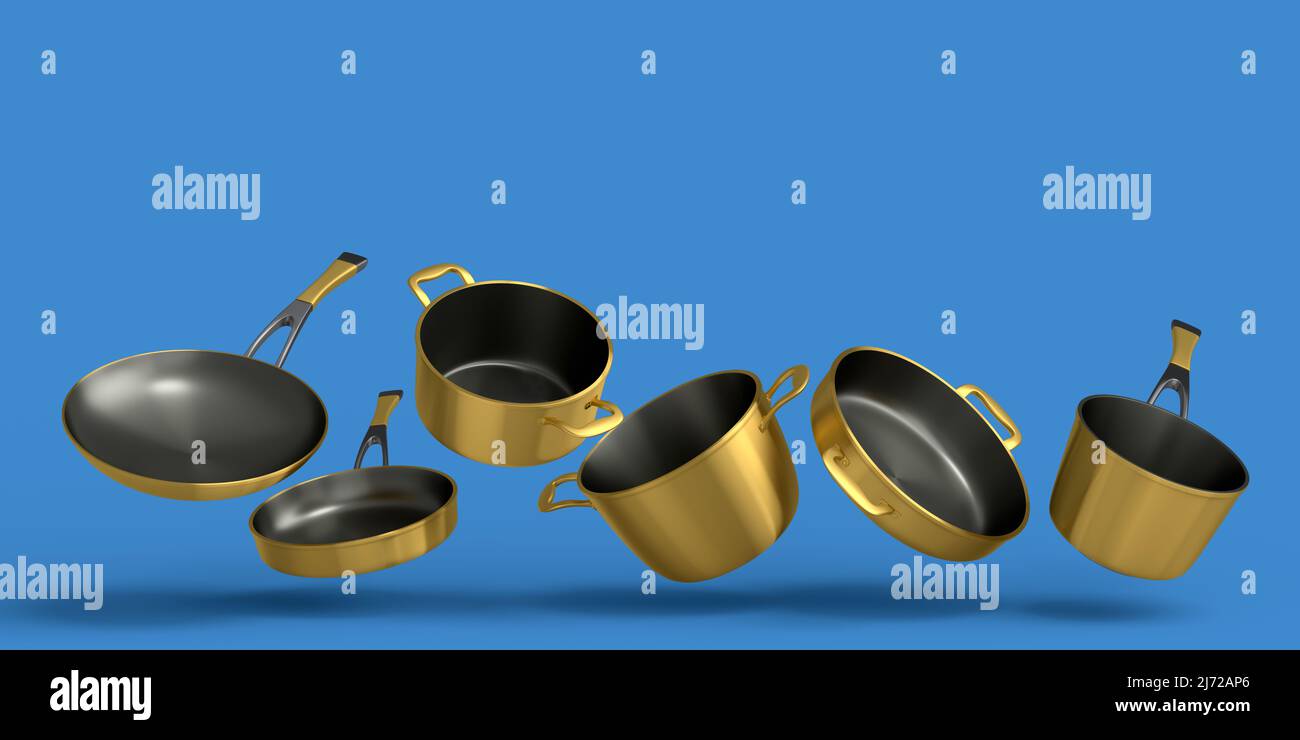 Set of flying stainless steel stewpot, frying pan and chrome plated ...