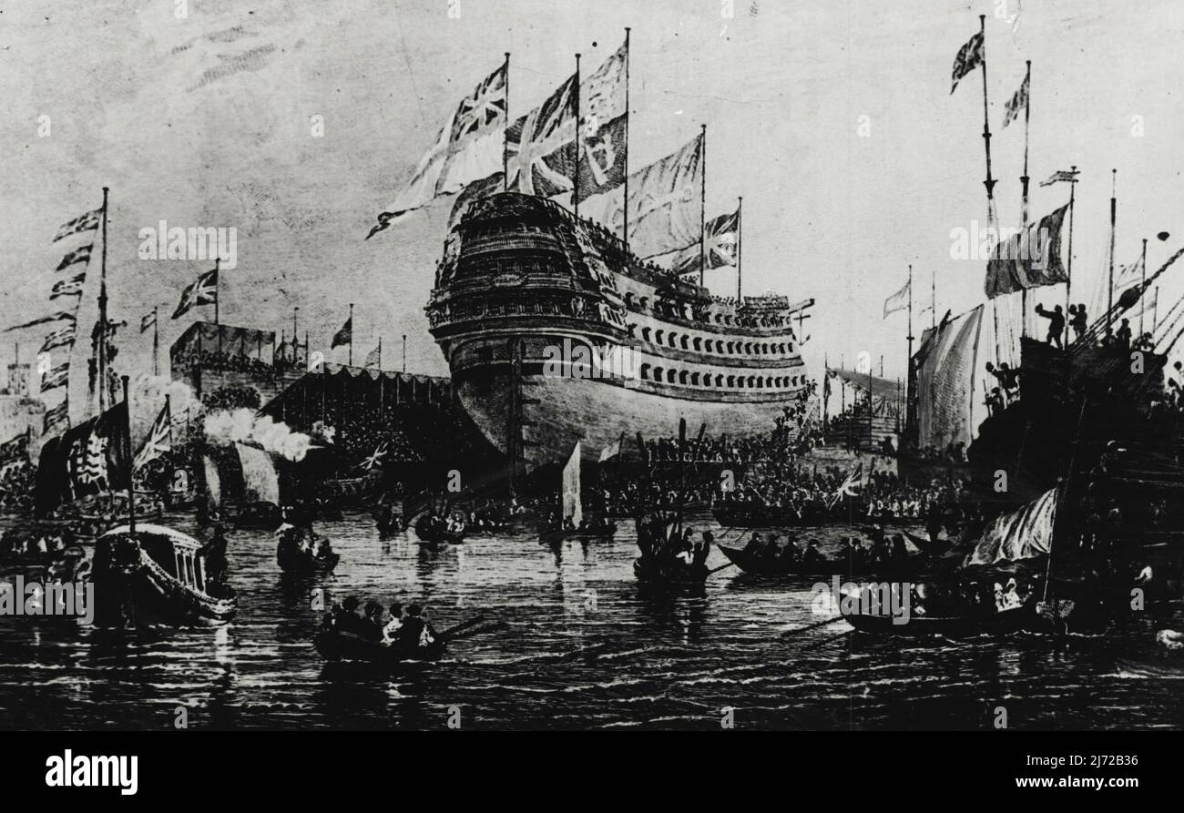 H.M.S. Nelson's launching at Woolwich shortly before Trafalgar 1805 ...