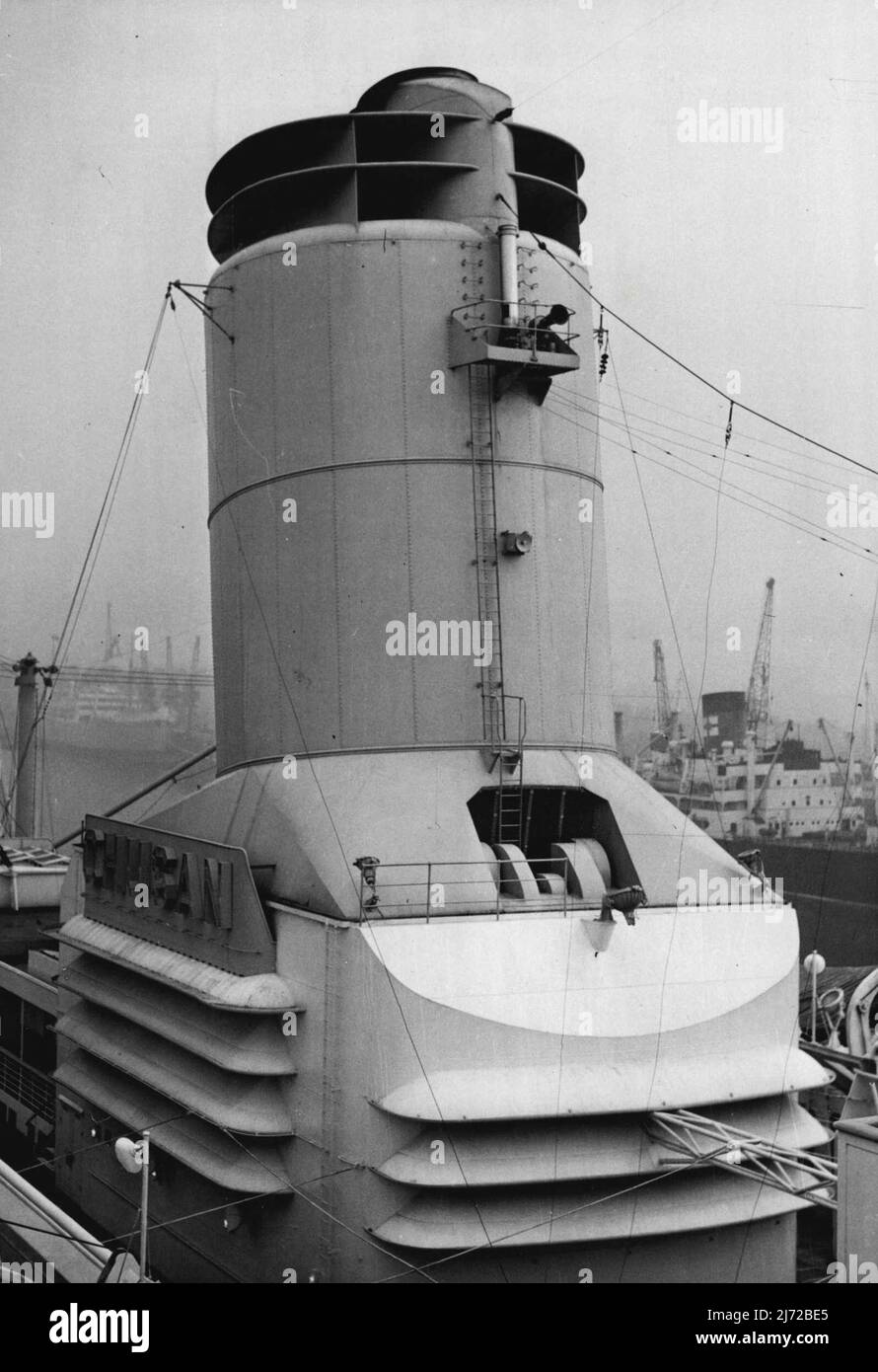 Contrast in Funnels. The peculiar shaped funnel of the S.S. Chusan, the ...