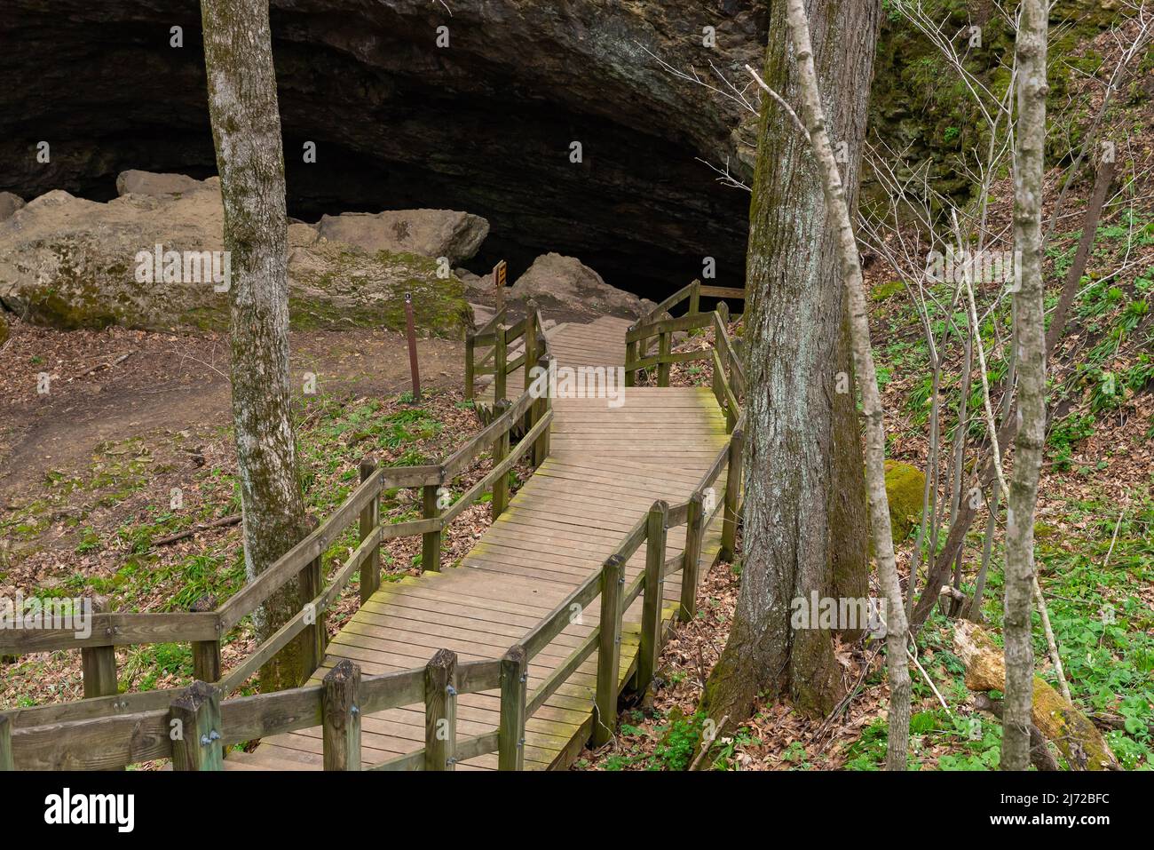 Wooden walkway leading to Dancehall Cave at Maquoketa Caves State Park ...