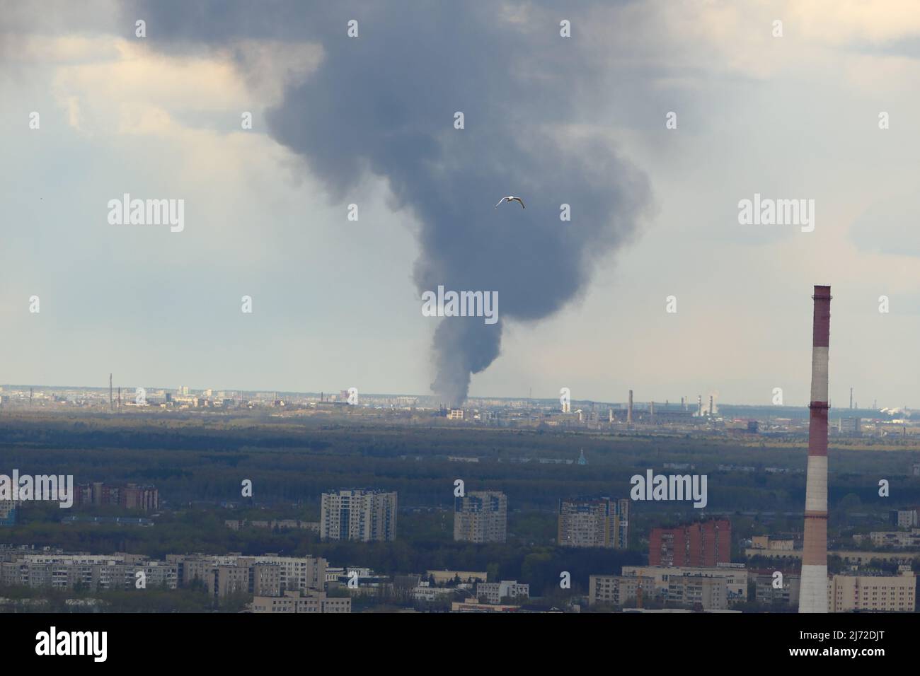 Smoke from a fire at a chemical plant. Environmental problem, air ...
