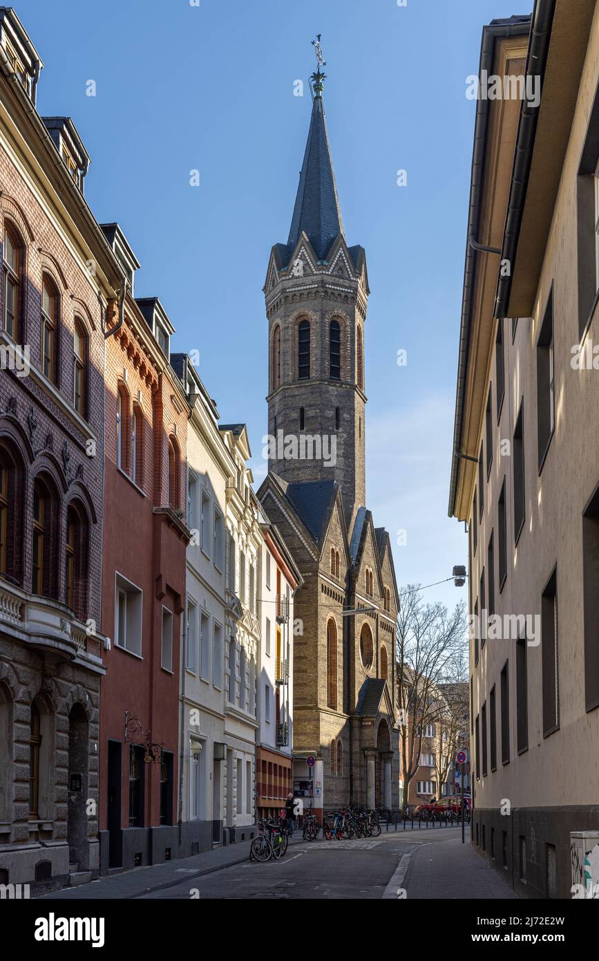 Cologne downtown with tourists walking on streets in a bright spring ...