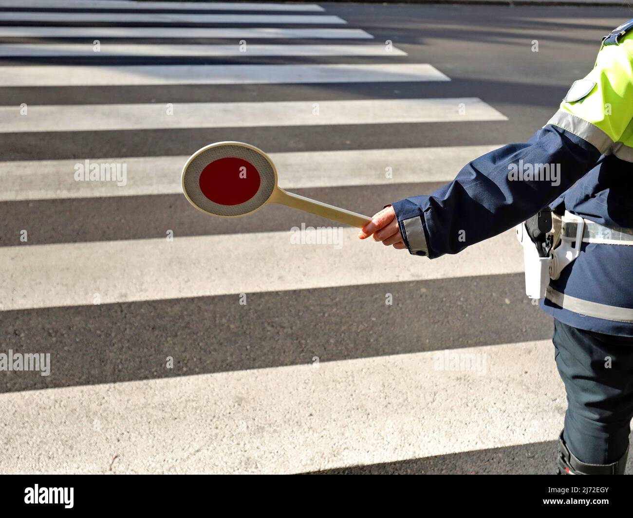 policeman stops the cars on the pedestrian crossing with the pallet to ...