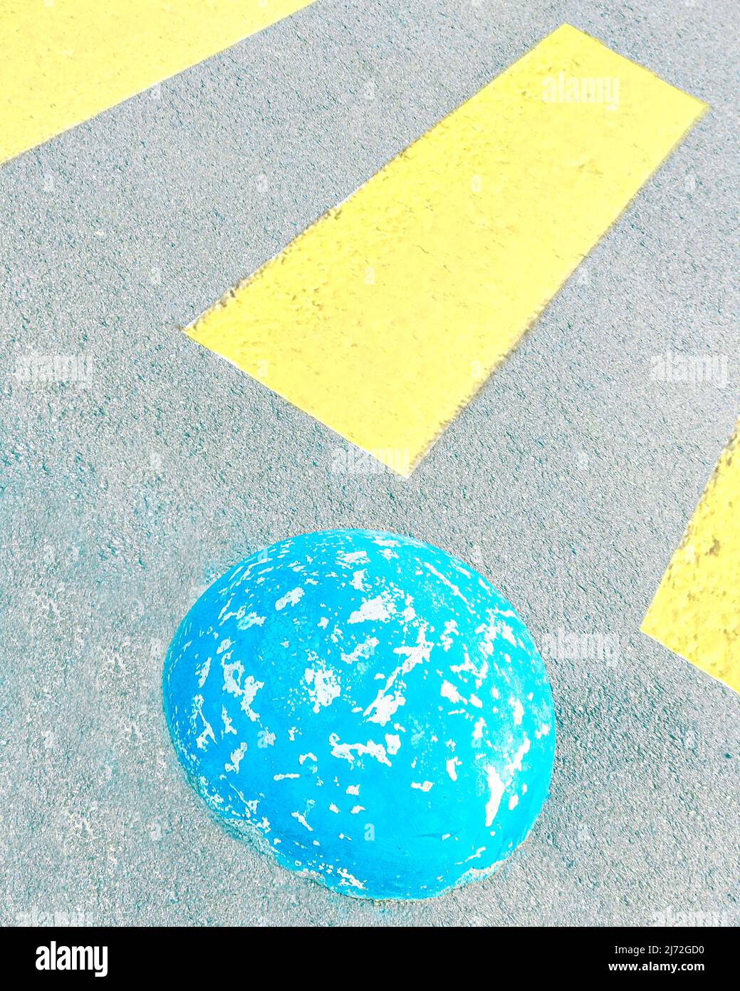 Blue and yellow colors urban photo. Concrete half sphere stop sign and ...