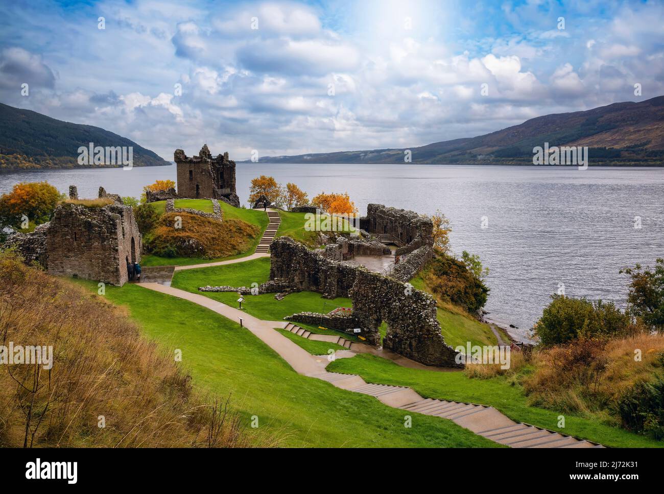 The ruins of the Urquhart Castle at Loch Ness during beautiful autumn ...
