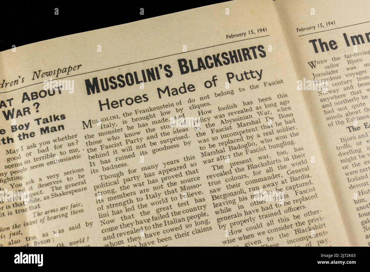 'Mussolini's Blackshirts' article inside "Children's Newspaper' 15th ...