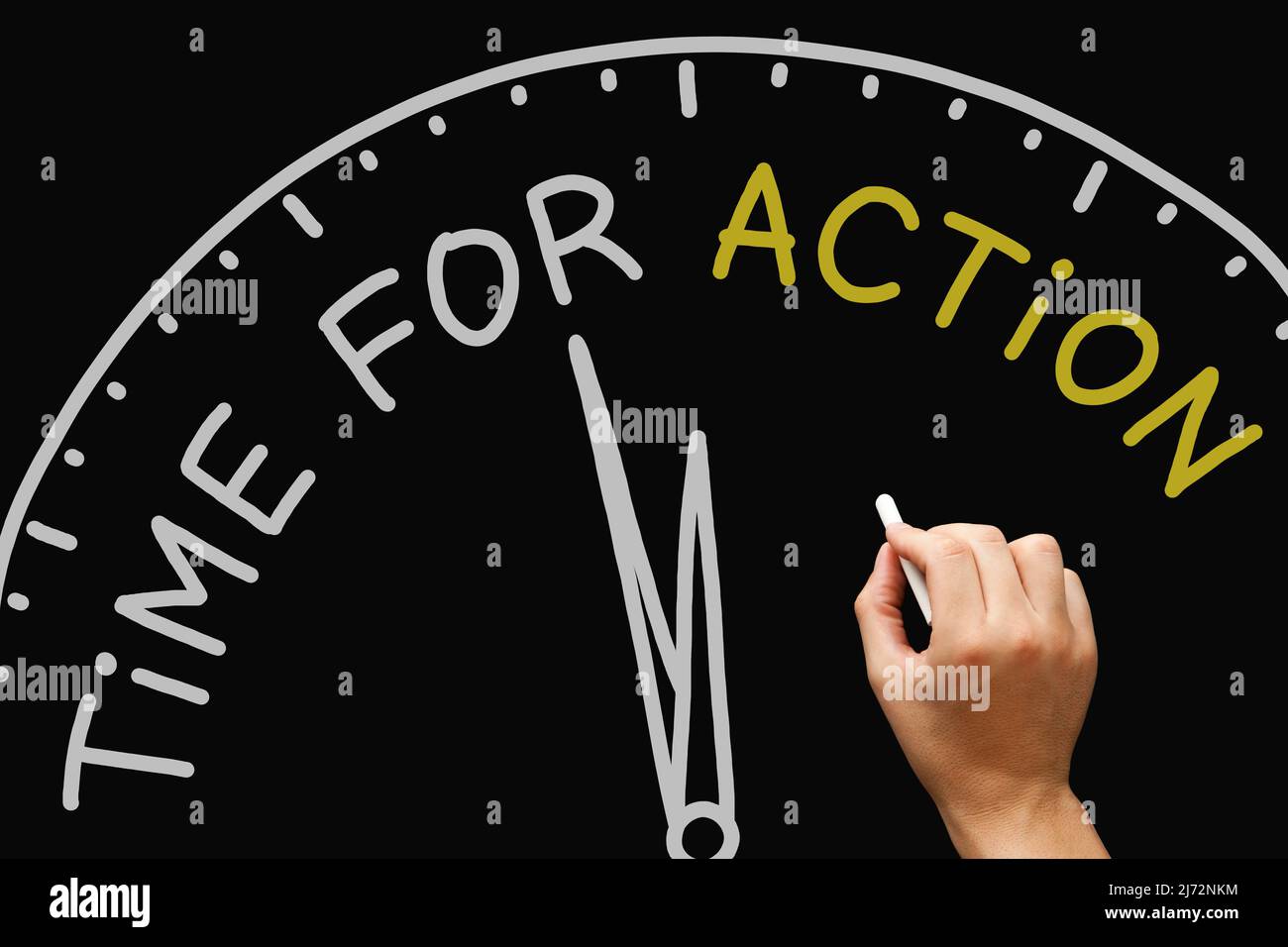 Hand writing Time for Action on a drawn clock concept with white chalk ...