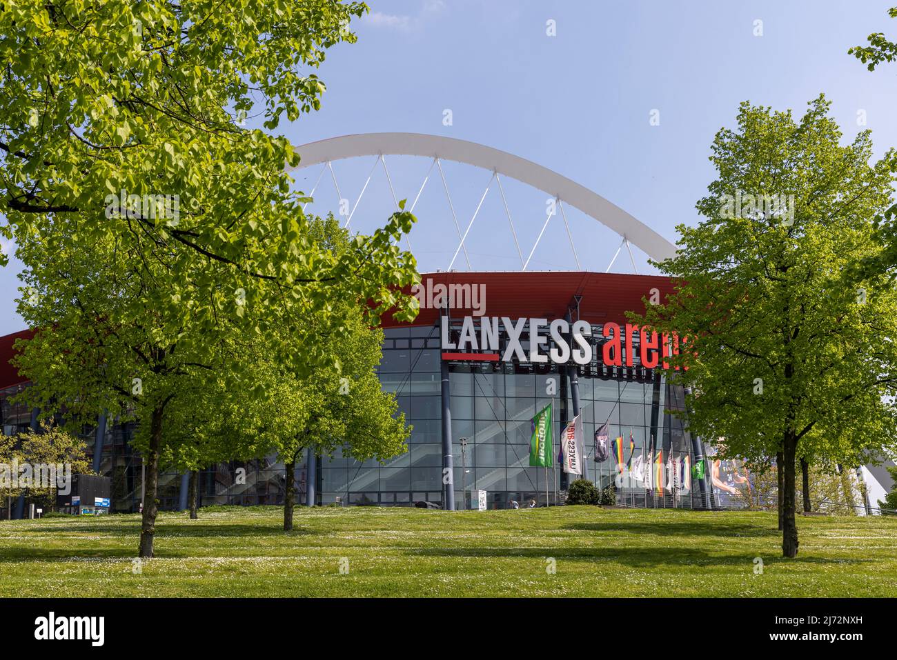 Lanxess Arena with a giant arch on top is a landmark in Cologne skyline ...