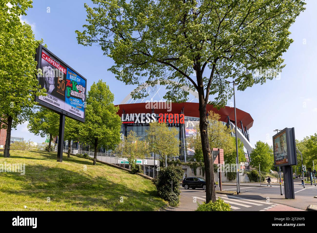 Lanxess Arena with a giant arch on top is a landmark in Cologne skyline ...