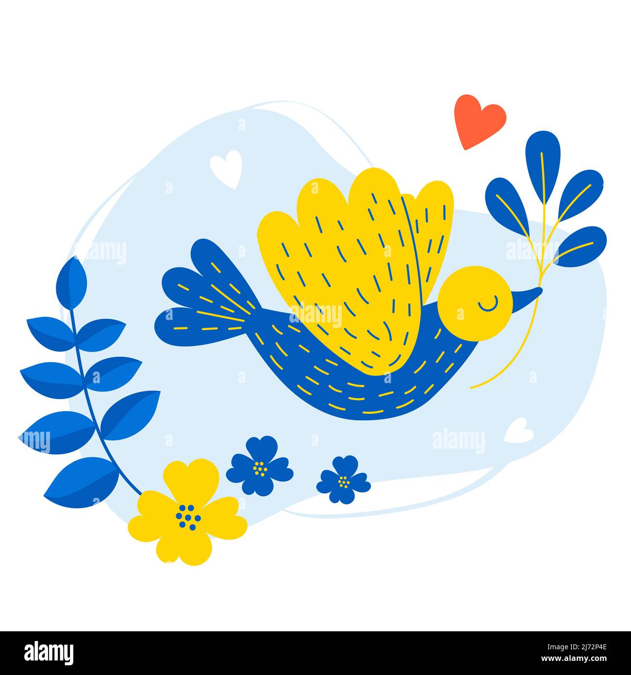 Decorative blue-yellow Ukrainian bird dove of peace with branch in its ...