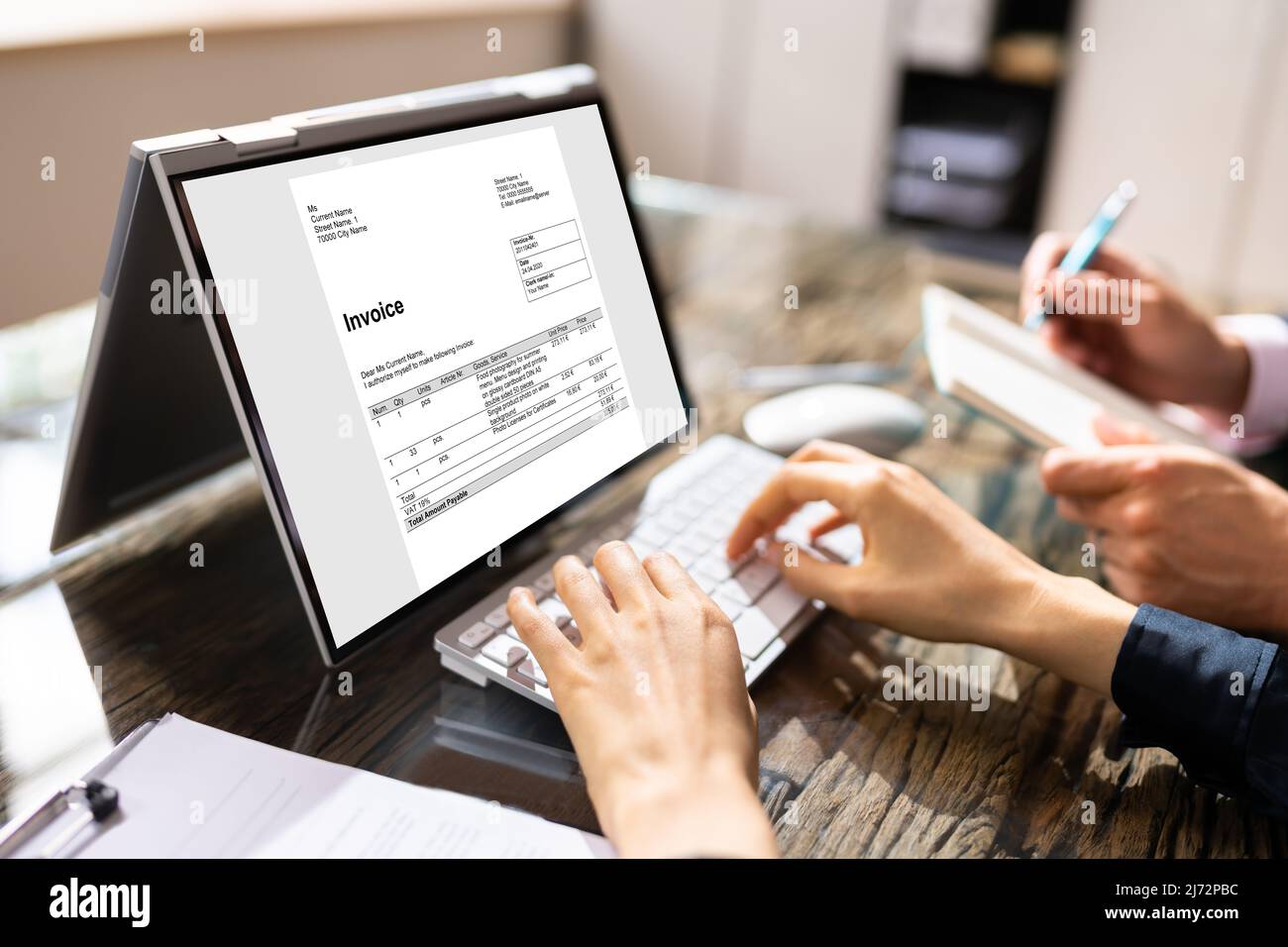 African Woman Using Electronic Invoice Bill On Laptop Computer Stock ...