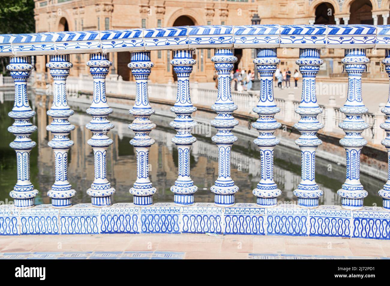 blue and white ceramic columns of bridge balustrade at the historic ...