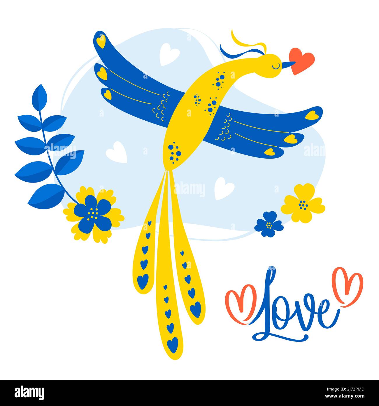 beautiful Ukrainian yellow-blue bird with red heart in its beak against ...