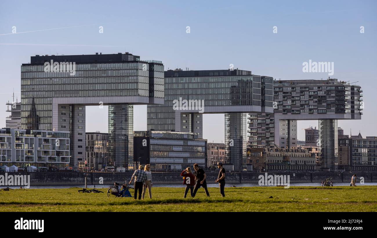 Modern Crane houses rising above Cologne skyline in a spring weather ...
