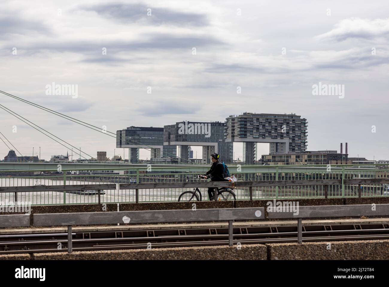 Modern Crane houses rising above Cologne skyline in a spring weather ...