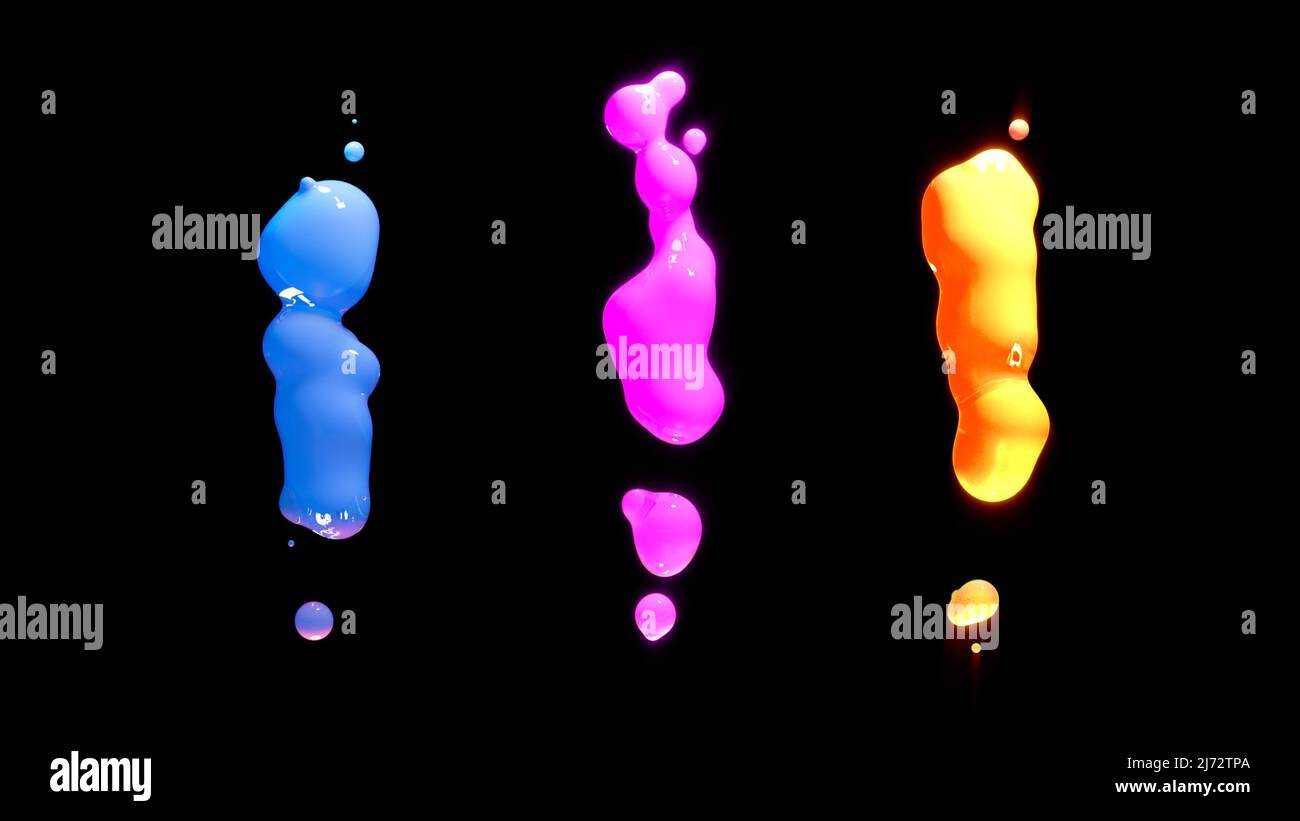 Blue pink and yellow abstract lava lamp wax bubble shapes on black, isolated - object 3D ...