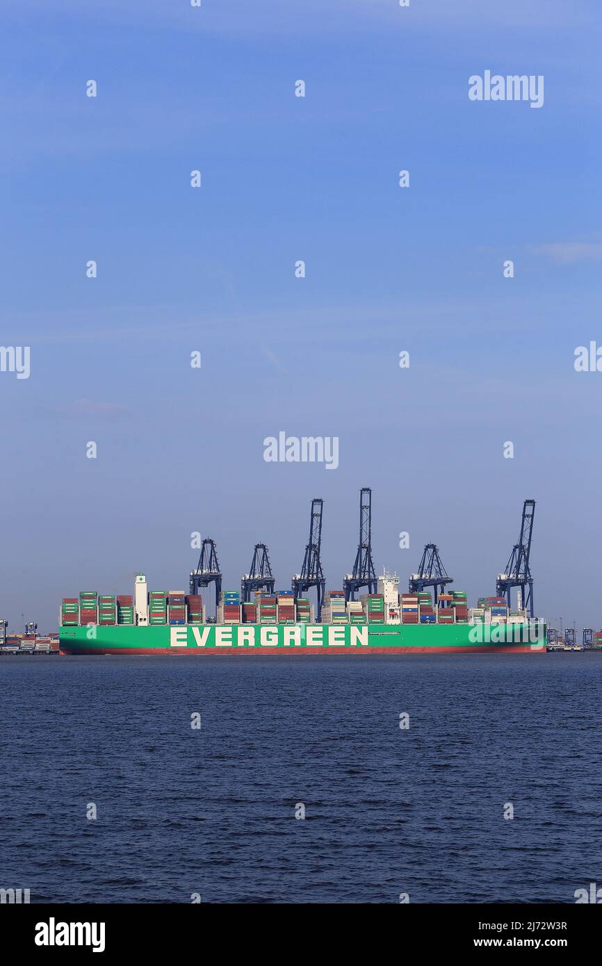 Container ship Ever Arm docked at the Port of Felixstowe, Suffolk, UK ...