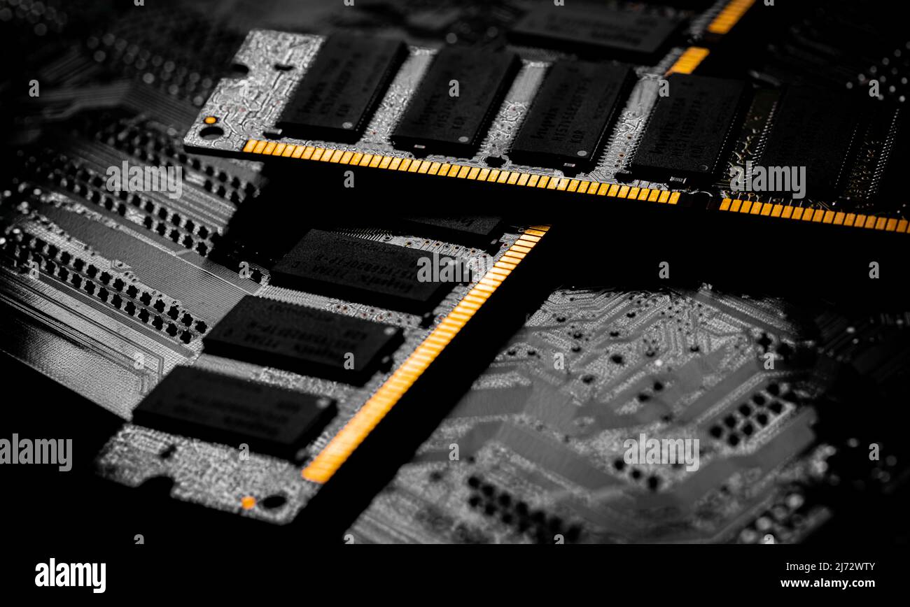 Macro Close up of computer RAM chip; random access memory chip slot for ...
