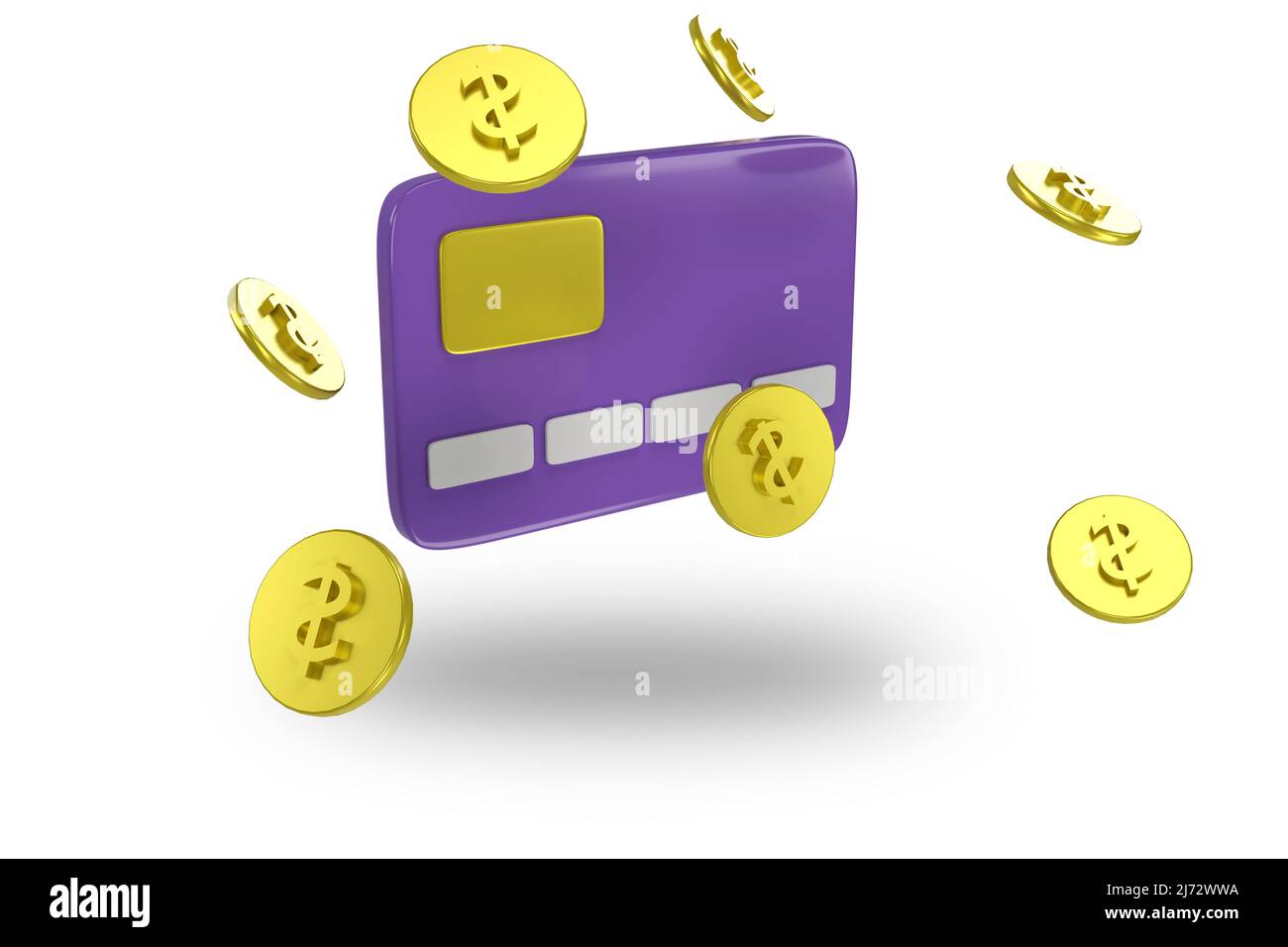 Bank card and floating coins around on white background. 3d render ...