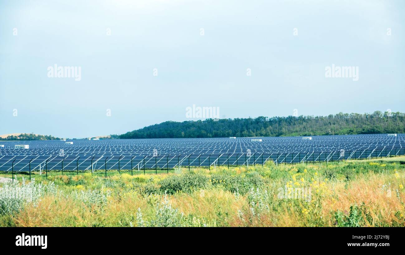 Panoramic view of photovoltaic power station, solar park, solar farm ...