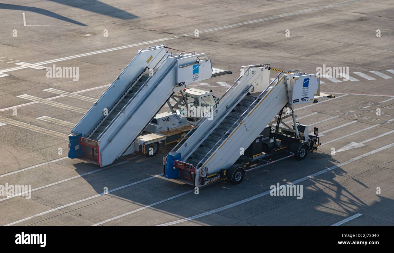 A picture of two aircraft stairs units at the Charleroi Airport Stock ...