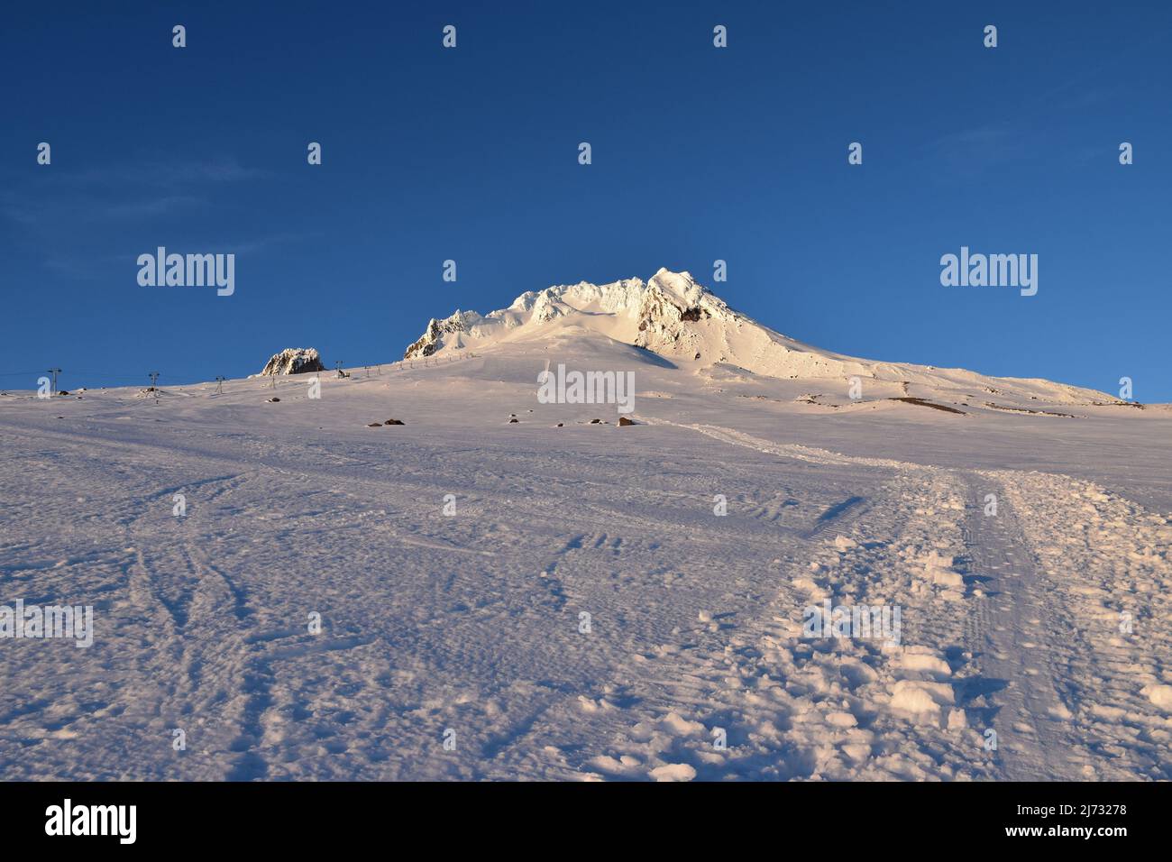 Alpenglow sunset views from the groomed lower section of the climber's ...