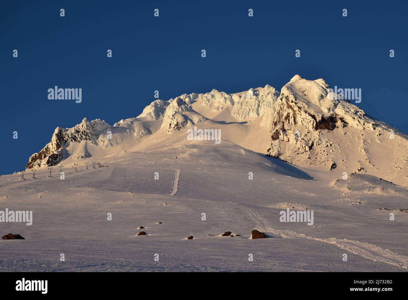 Alpenglow sunset views from the groomed lower section of the climber's ...