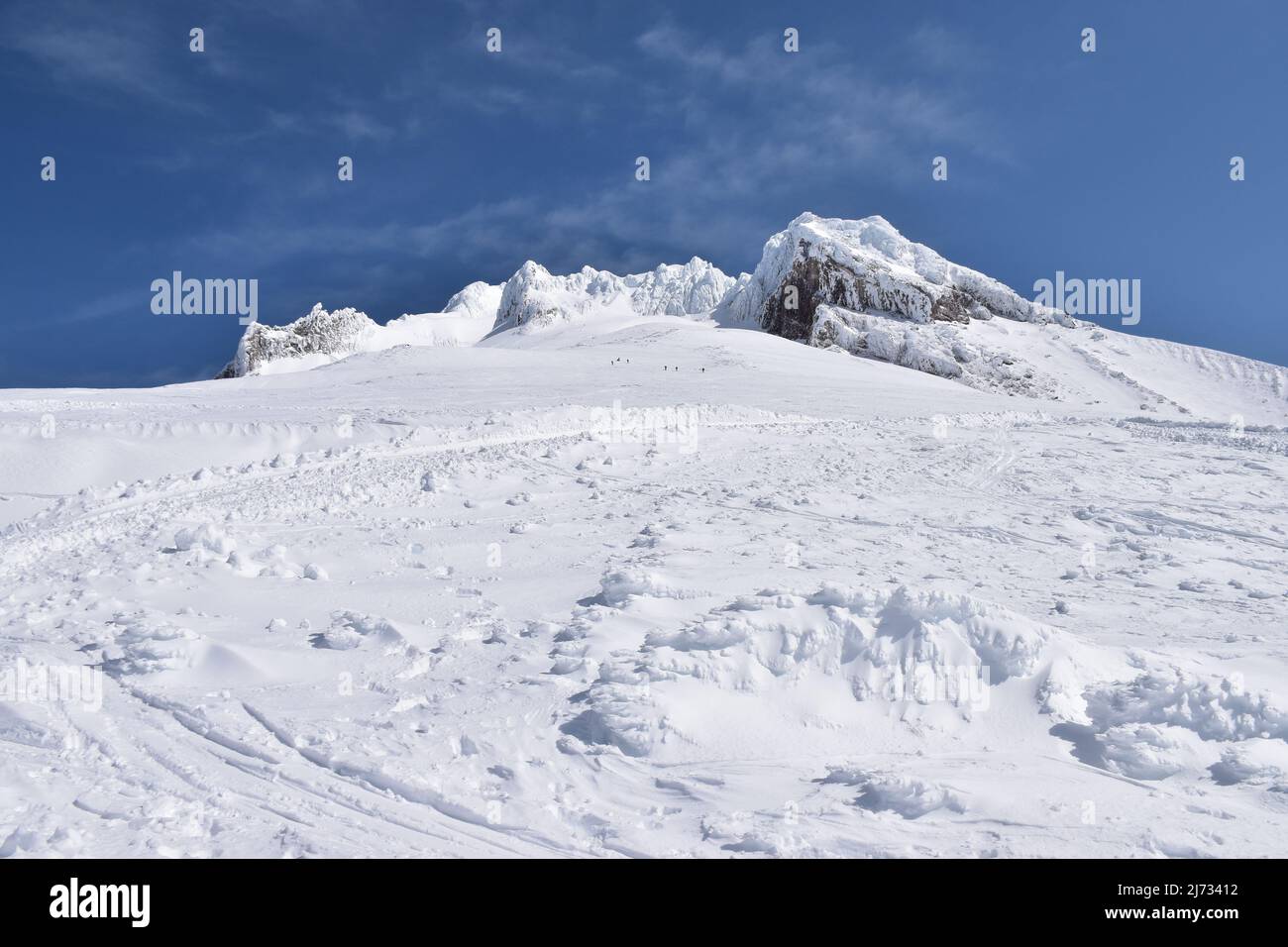 The steep icy summit area of Mt Hood, Oregon's highest mountain, seen ...