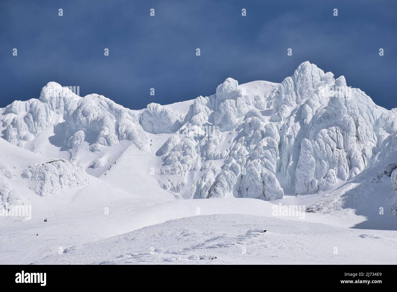 Climbers below the steep icy summit area of Mt Hood, attempting to ...