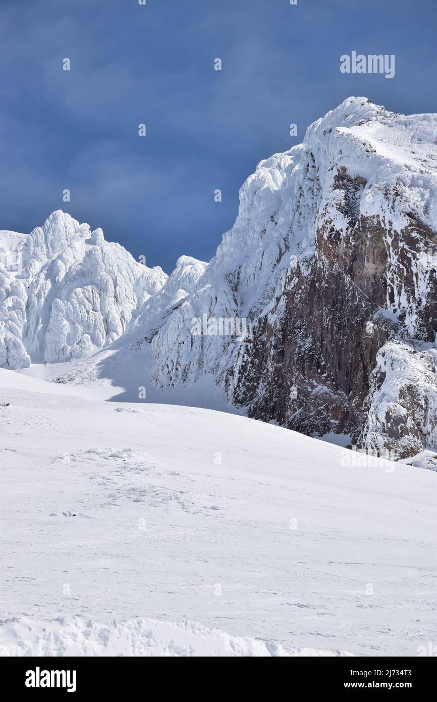 The steep icy summit area of Mt Hood, Oregon's highest mountain, seen ...