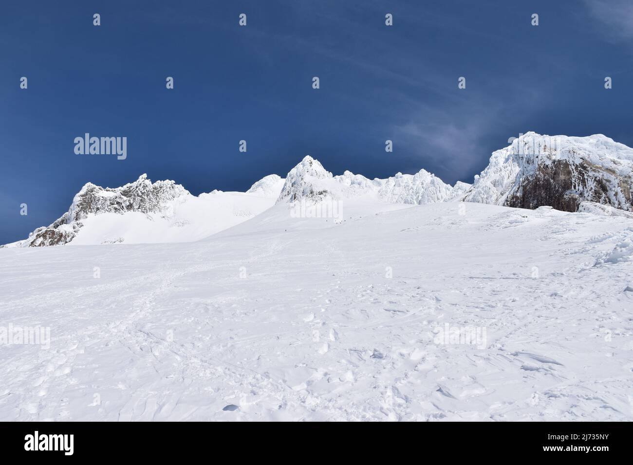The steep icy summit area of Mt Hood, Oregon's highest mountain, seen ...