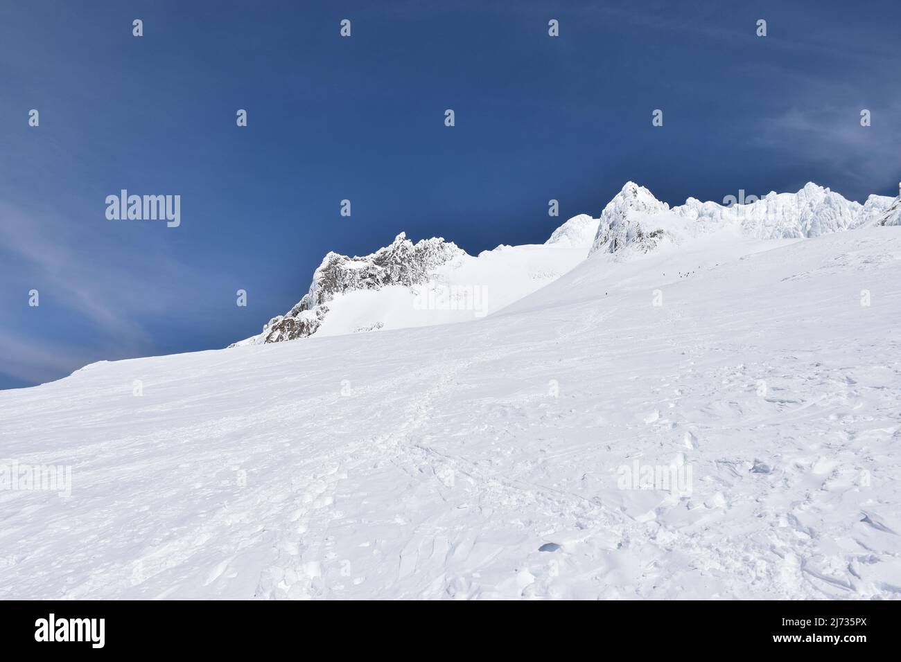 The steep icy summit area of Mt Hood, Oregon's highest mountain, seen ...
