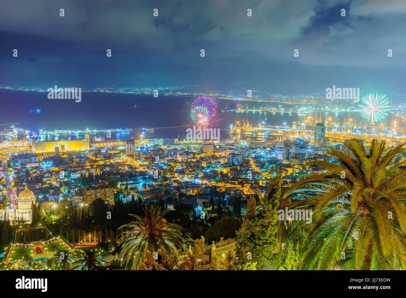 Haifa, Israel - May 04, 2022: View of Independence Day fireworks, with ...