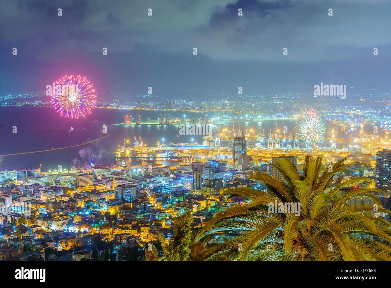 Haifa, Israel - May 04, 2022: View of Independence Day fireworks, with ...