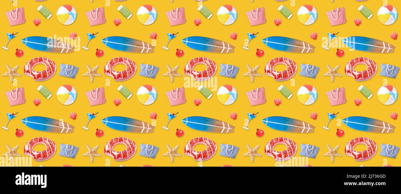 Different beach accessories on yellow background. Pattern for design ...