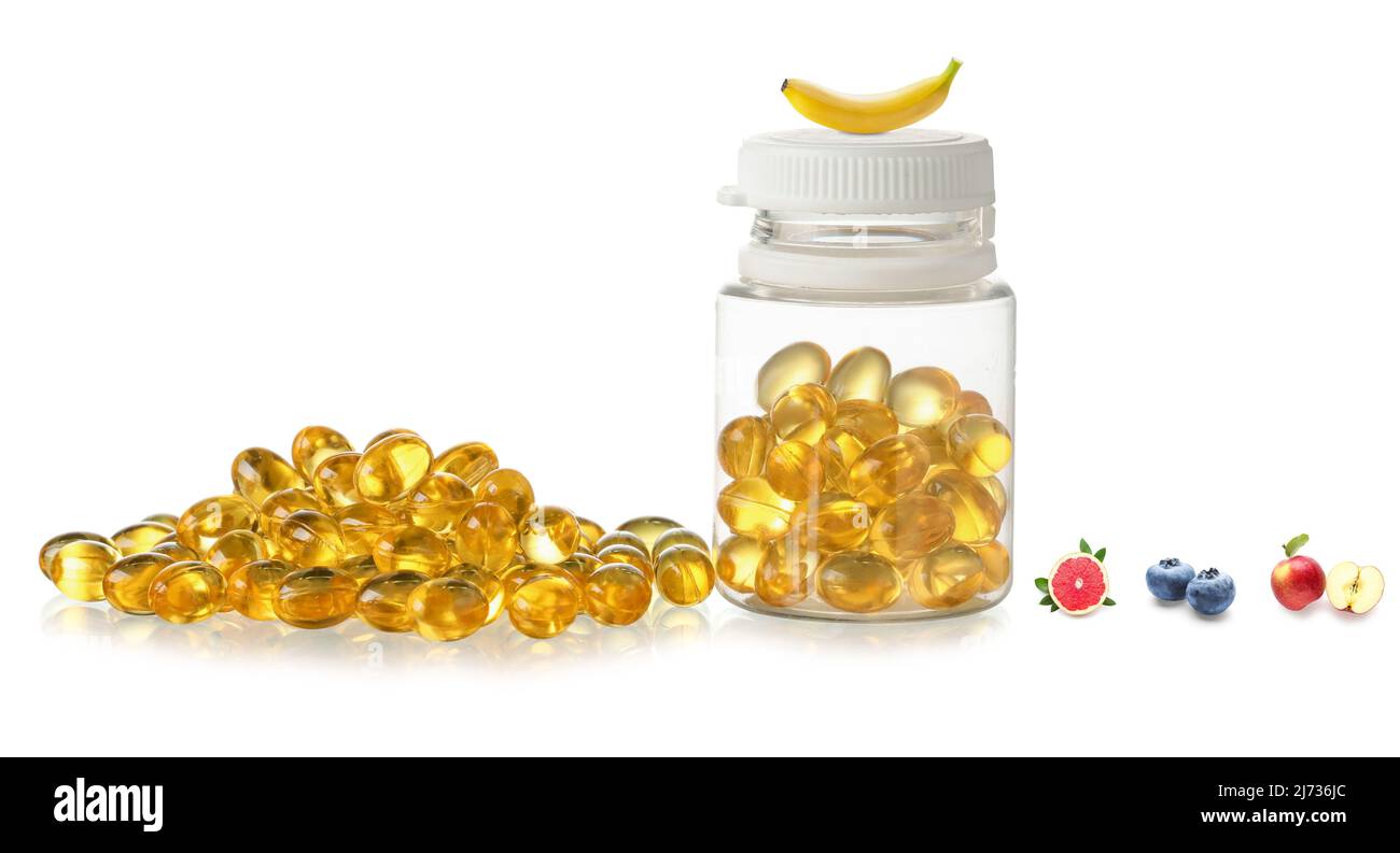 Bottle of healthy vitamins on white background Stock Photo - Alamy