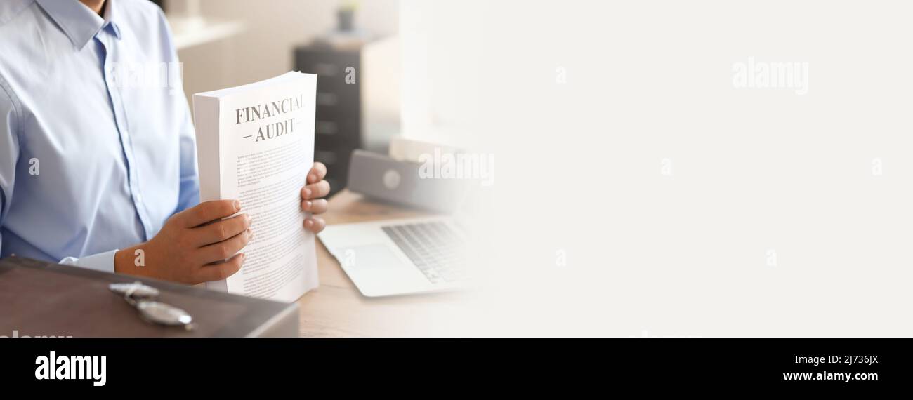 Auditor with documents in office. Banner for design with space for text ...