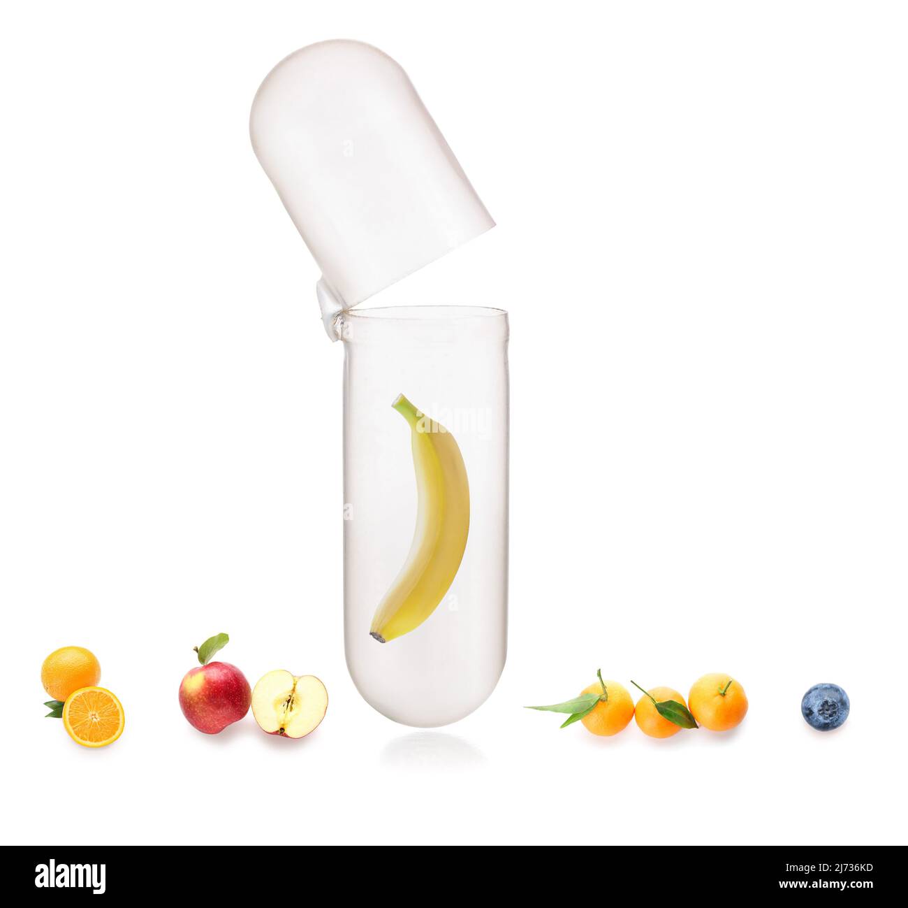 Capsule with healthy vitamins and different fruits on white background ...