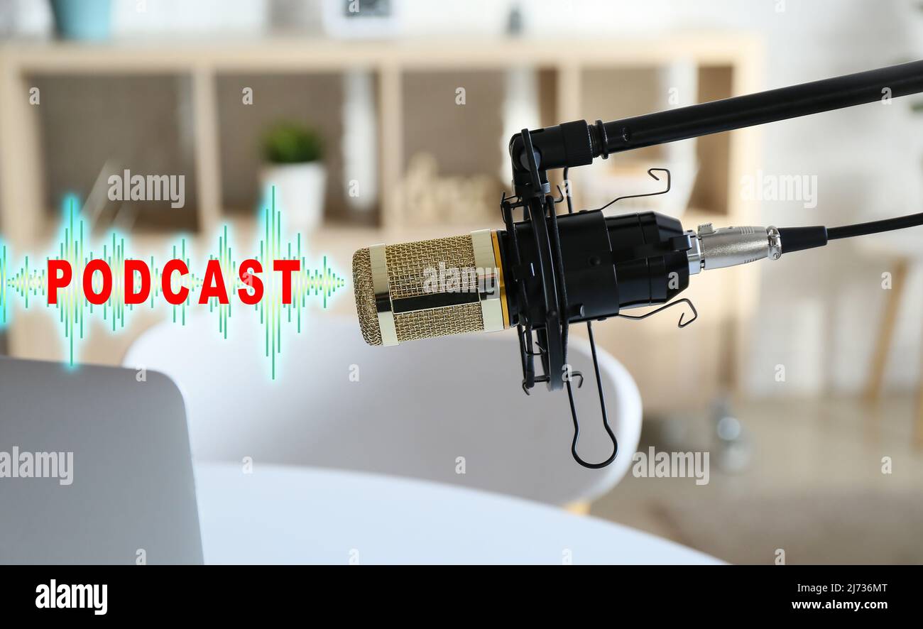 Modern microphone in light room Stock Photo - Alamy